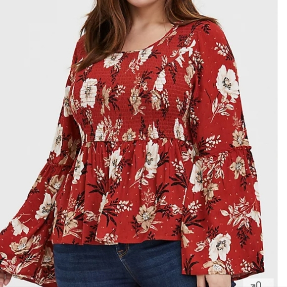 torrid | Tops | Torrid Red Terracotta Floral Crinkled Babydoll Top ...